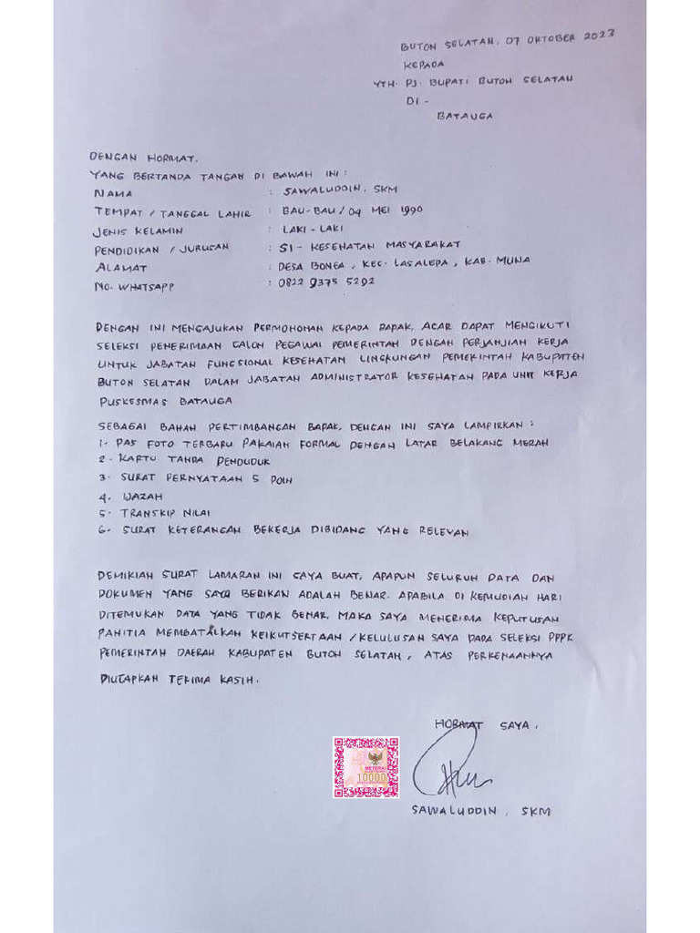 Surat Lamaran Sawaluddin E-Materai | PDF