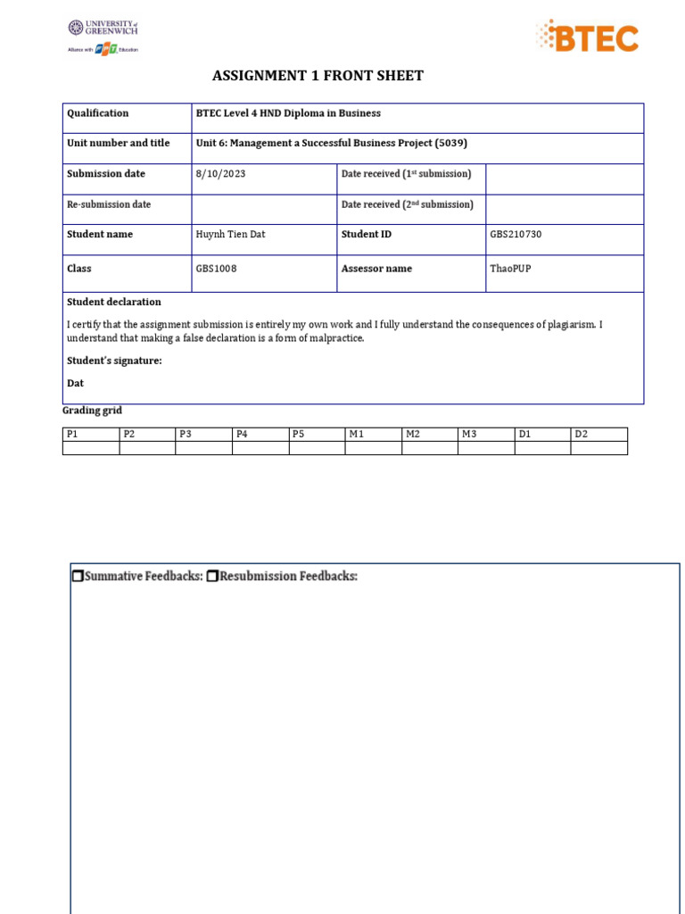BTEC HND Business Project Management Guide | PDF | Methodology | Statistics