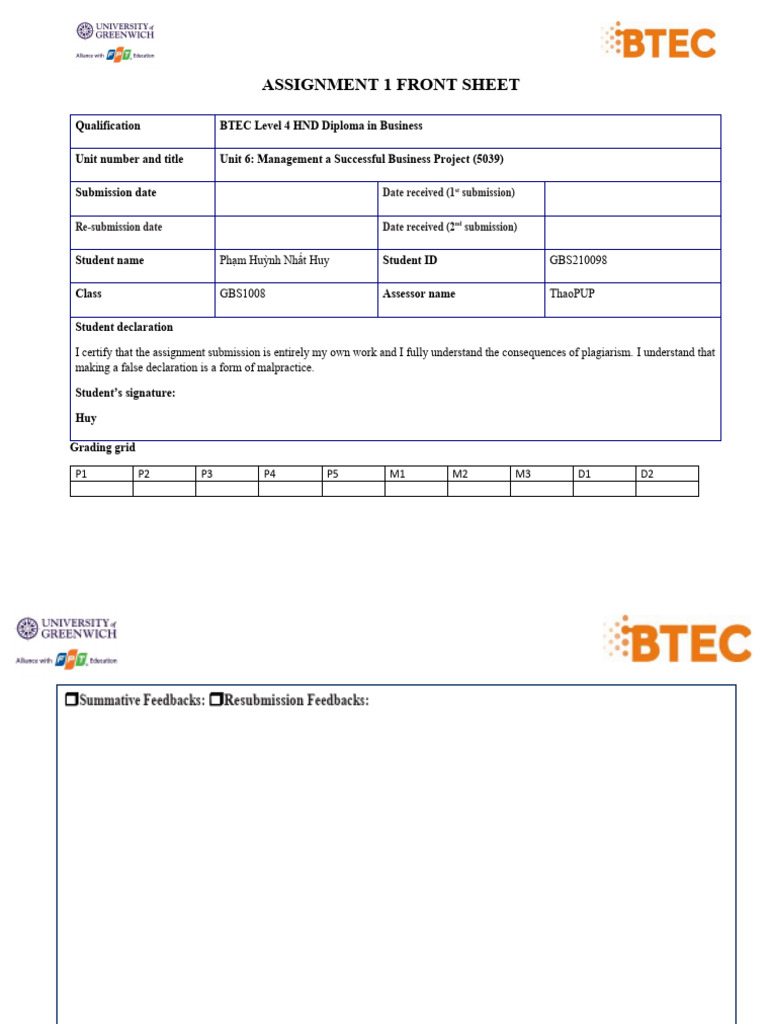 5039 - Assignment 1 - Pham Huynh Nhat Huy - GBS210098 | PDF | Project Management | Risk
