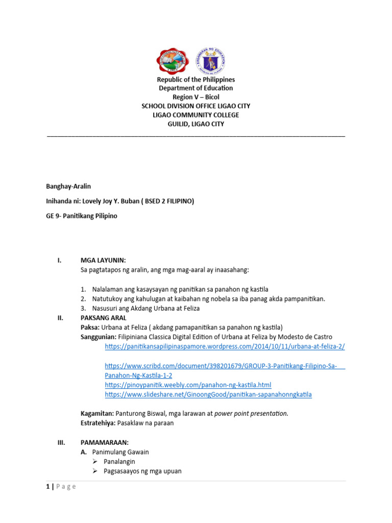 Banghay Aralin (Urbana at Feliza) | PDF