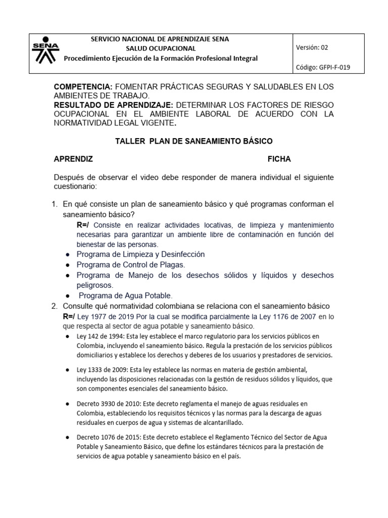 TALLER PLAN de Saneamiento Basico | PDF | Esterilización (Microbiología) | Residuos