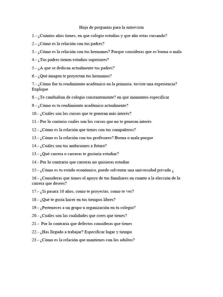 Hoja de Preguntas para La Entrevista | PDF