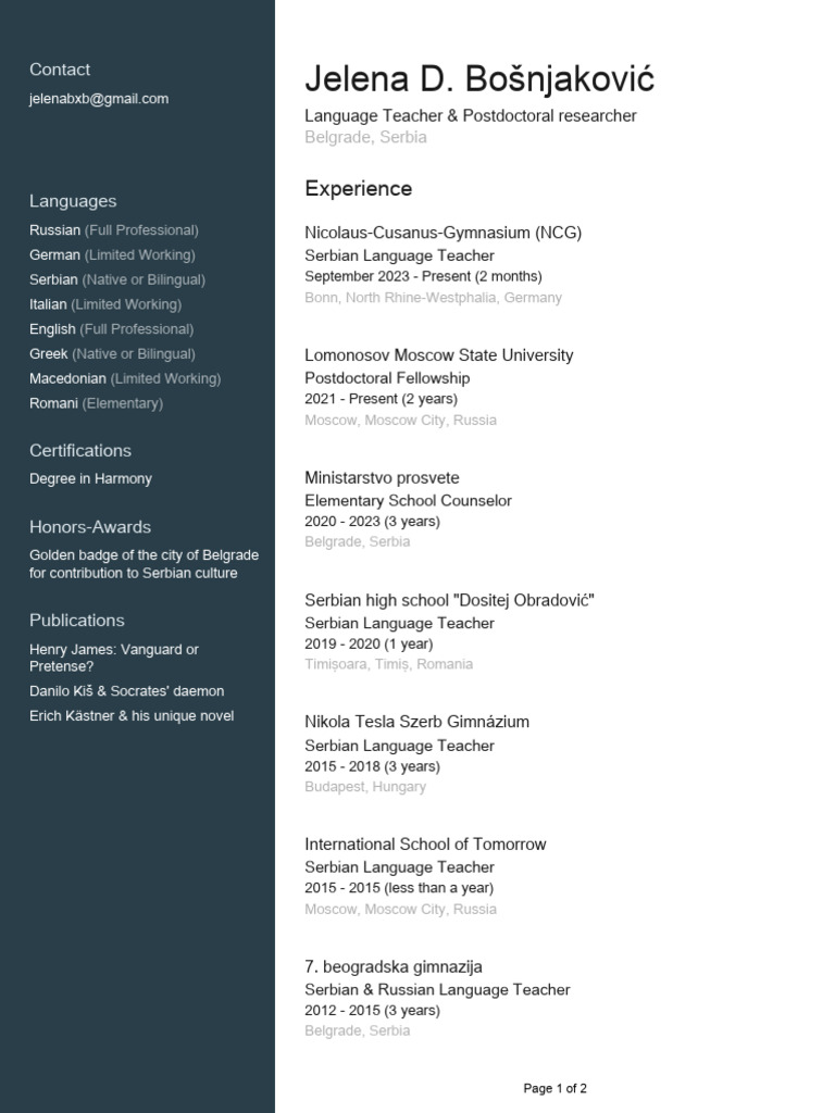 CV: Jelena D. Bošnjaković | PDF | Serbia | Linguistics