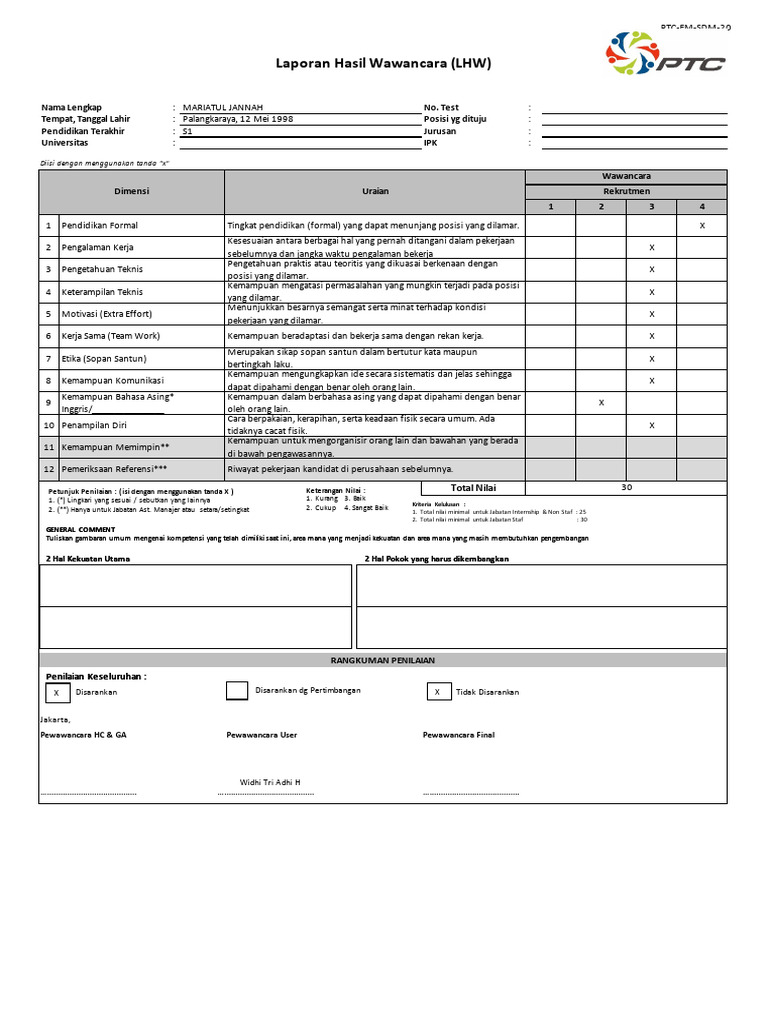 Template LHW PTC - Mariatul Jannah | PDF
