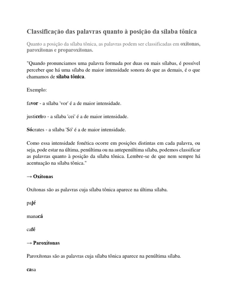 Acento Tonico Classificacao de Palavras | PDF | Sílaba | Estresse ...