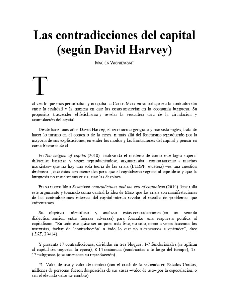 Contradicciones del capitalismo según Harvey | PDF | Capital (economía ...