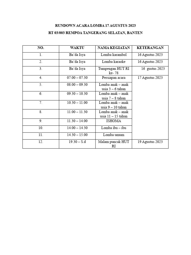 RUNDOWN ACARA LOMBA 17 AGUSTUS 2023 Revisii | PDF RUNDOWN ACARA LOMBA 17 AGUSTUS 2023 Revisii | PDF
