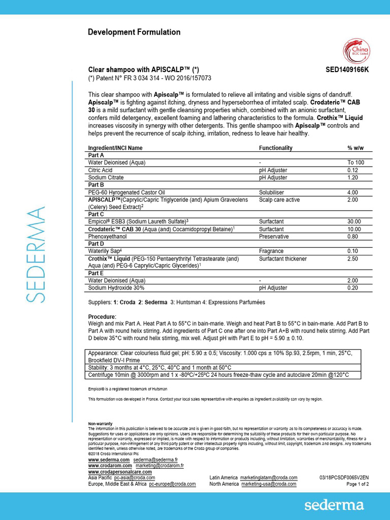 APISCALP - SED1409166K - Clear Shampoo | PDF | Shampoo | Surfactant