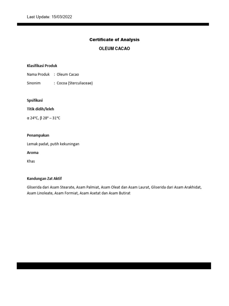 Certificate of Analysis Oleum Cacao | PDF