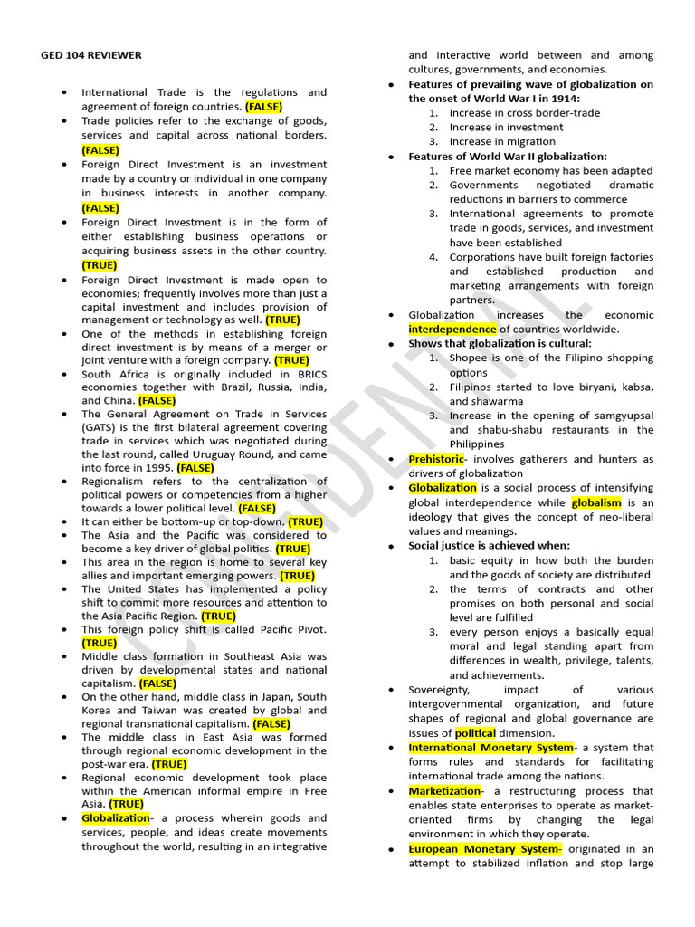 Ged-104 Reviewer | PDF | Globalization | Market (Economics)