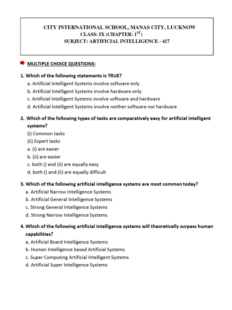 AI Multiple Choice Questions for Class IX | PDF | Artificial ...