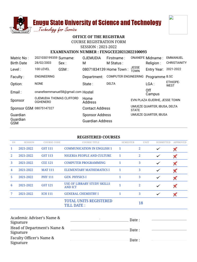 ESUT Course Registration Form 2021-2022 | PDF