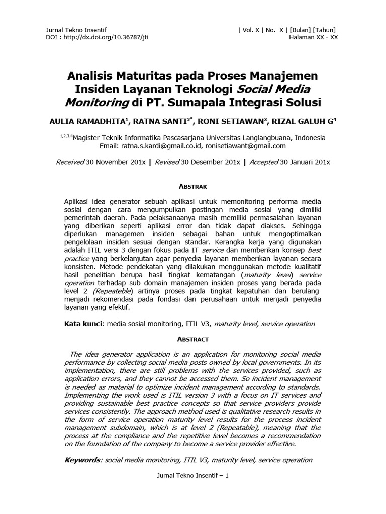 Analisis Maturitas pada Proses Manajemen Insiden Layanan Teknologi Social Media Monitoring di PT ...