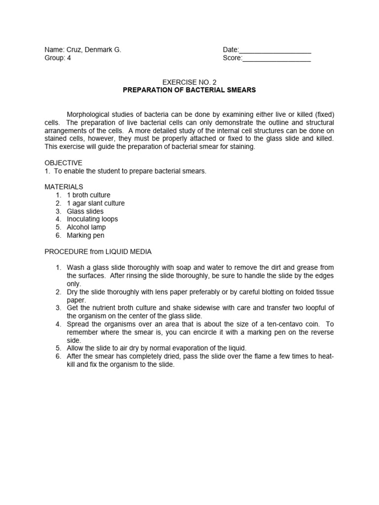 Denmark V.Micro Exercise 2 | PDF | Fixation (Histology) | Bacteria
