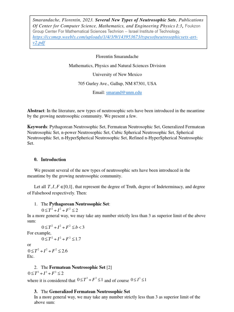 Several New Types Of Neutrosophic Set Pdf Mathematics Mathematical Logic