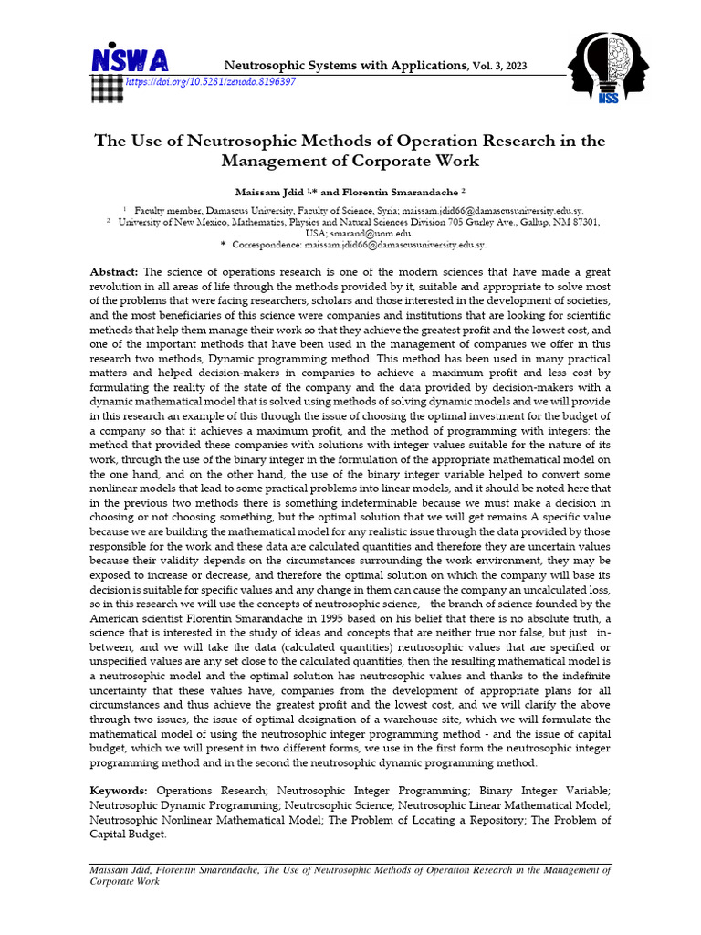 The Use of Neutrosophic Methods of Operation Research in The Management of Corporate Work | PDF ...
