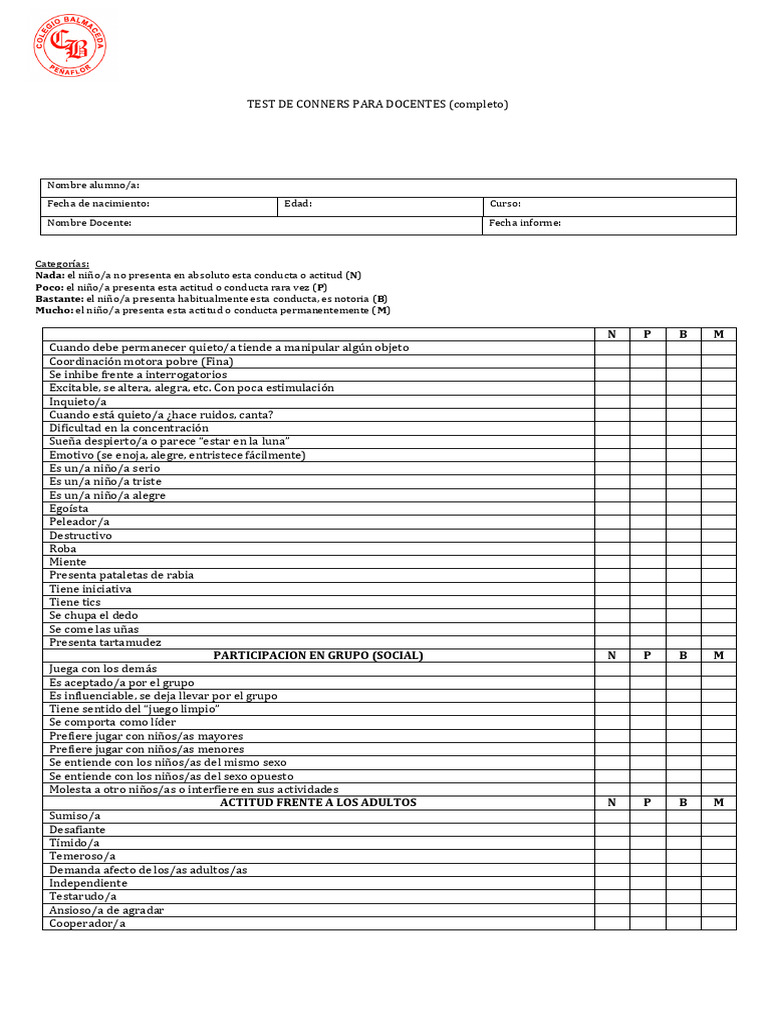 TEST DE CONNERS para Evaluación PIE | PDF | Actitud (psicología ...