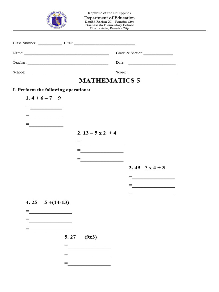 Answer Sheets in Math 5 | PDF