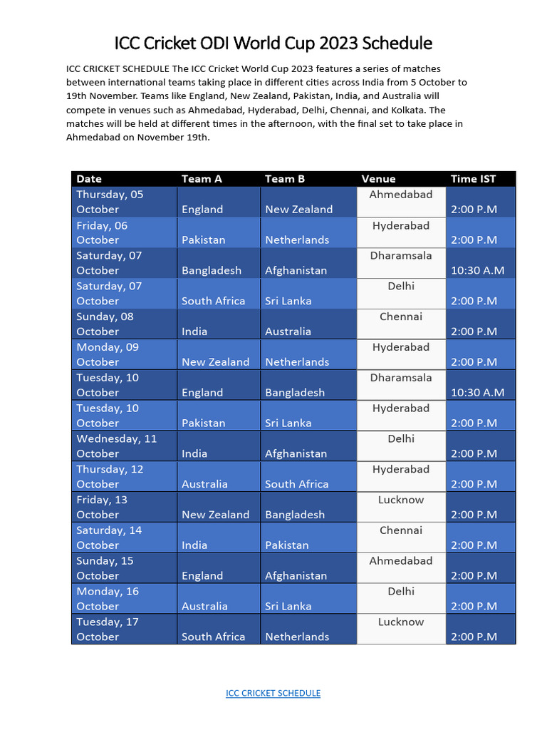 ICC Cricket ODI World Cup 2023 Schedule PDF | Download Free PDF | England Cricket Team | Ball ...