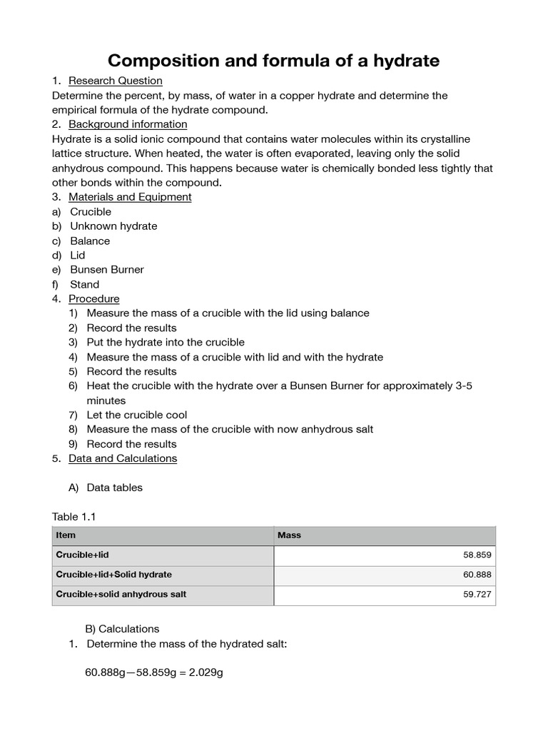 Lab Report (Unknown Hydrate) | PDF | Chemical Compounds | Water