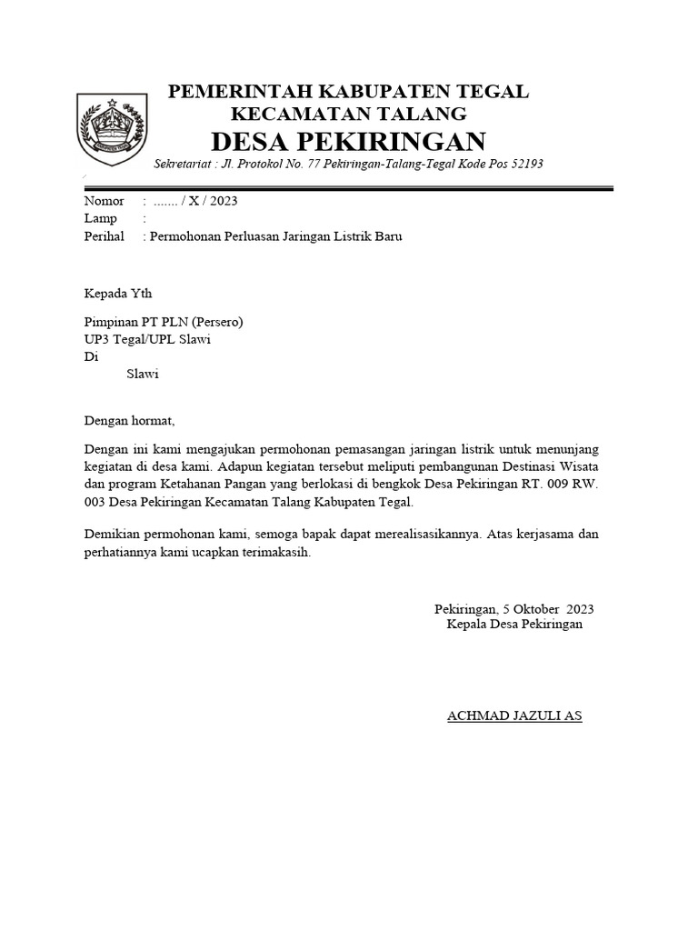 Surat Permohonan Pasang Listrik Baru | PDF