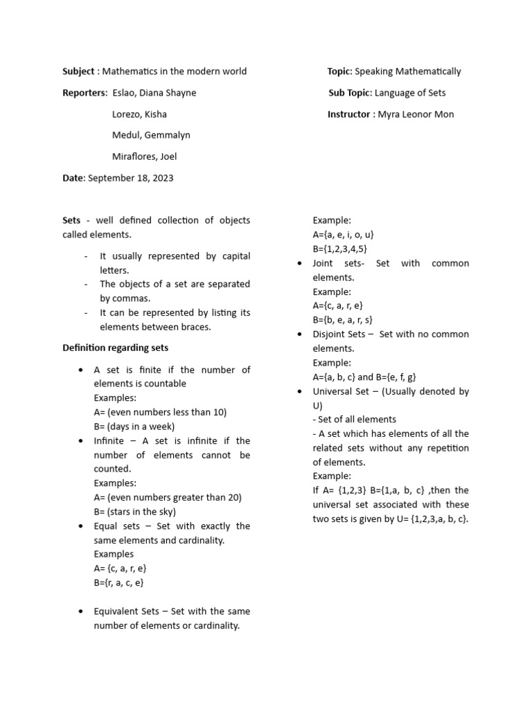 Language of Sets( Hand Out) | PDF | Numbers | Set (Mathematics)