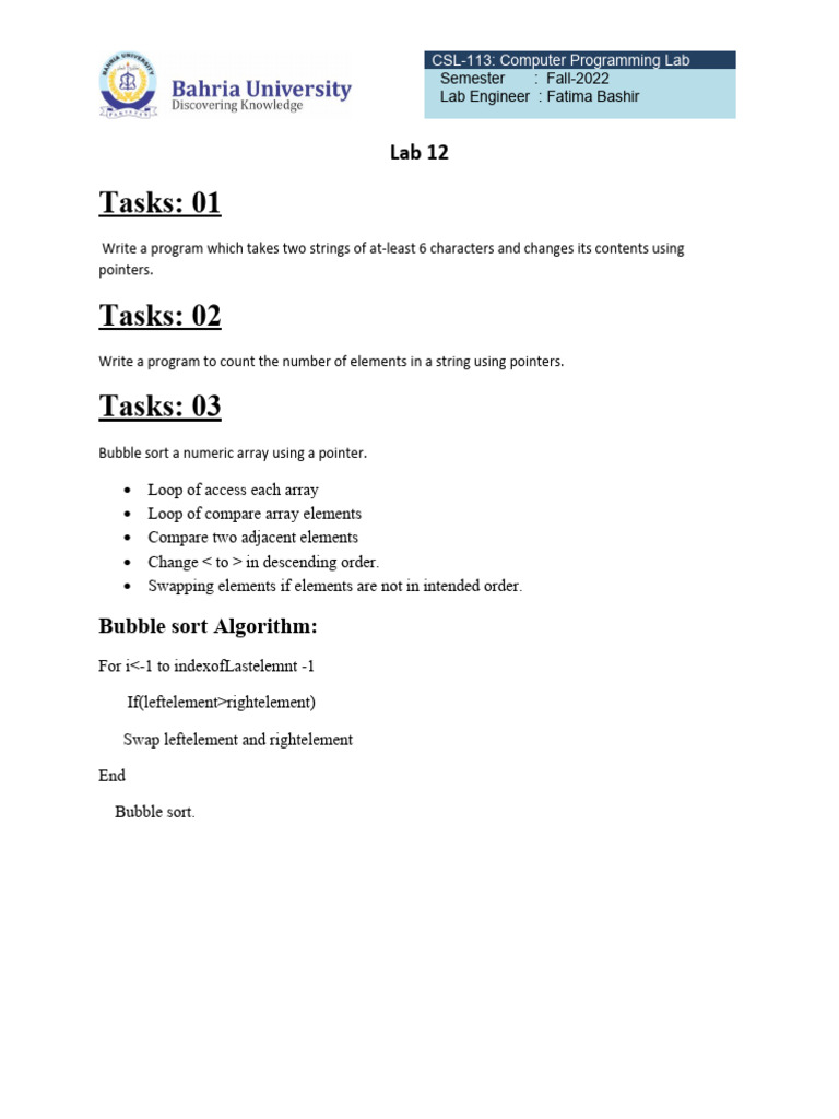 Computer Programming Lab 12 Semester 01 Bahria Pdf