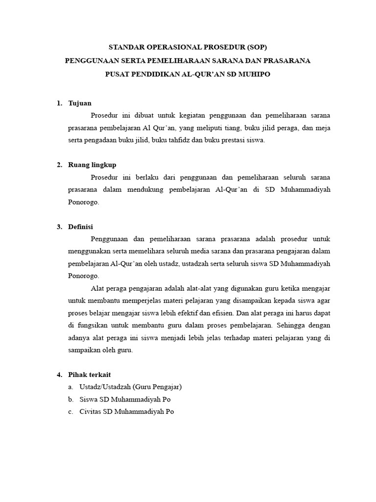 SOP Pemeliharaan Sarana Al-Qur'an | PDF | Seni & Disiplin Bahasa