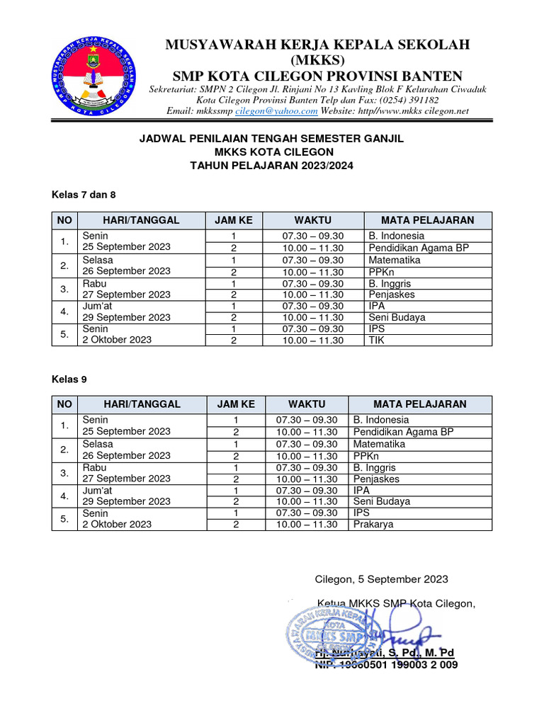 Jadwal PTS Ganjil - 2023-2024 | PDF