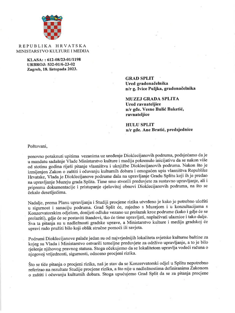 Dopis MKM Dioklecijanovi Podrumi | PDF