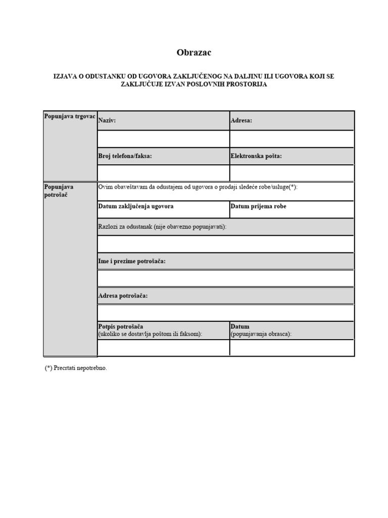 Obrazac o Odustajanju Od Kupovine | PDF