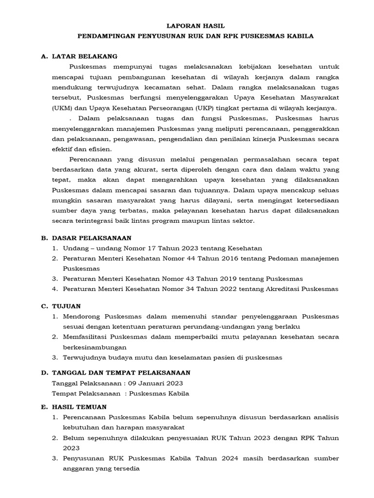 LAPORAN PENDAMPINGAN RUK DAN RPK PKM KABILA | PDF