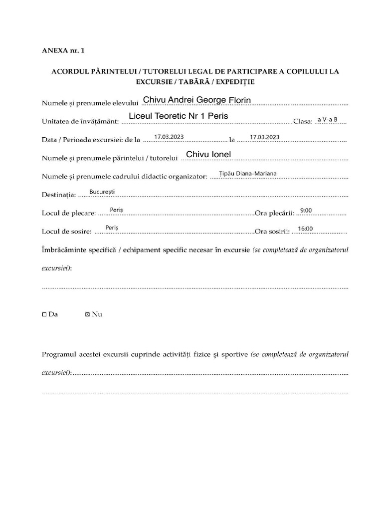 Acord Parinti Excursie Model | PDF