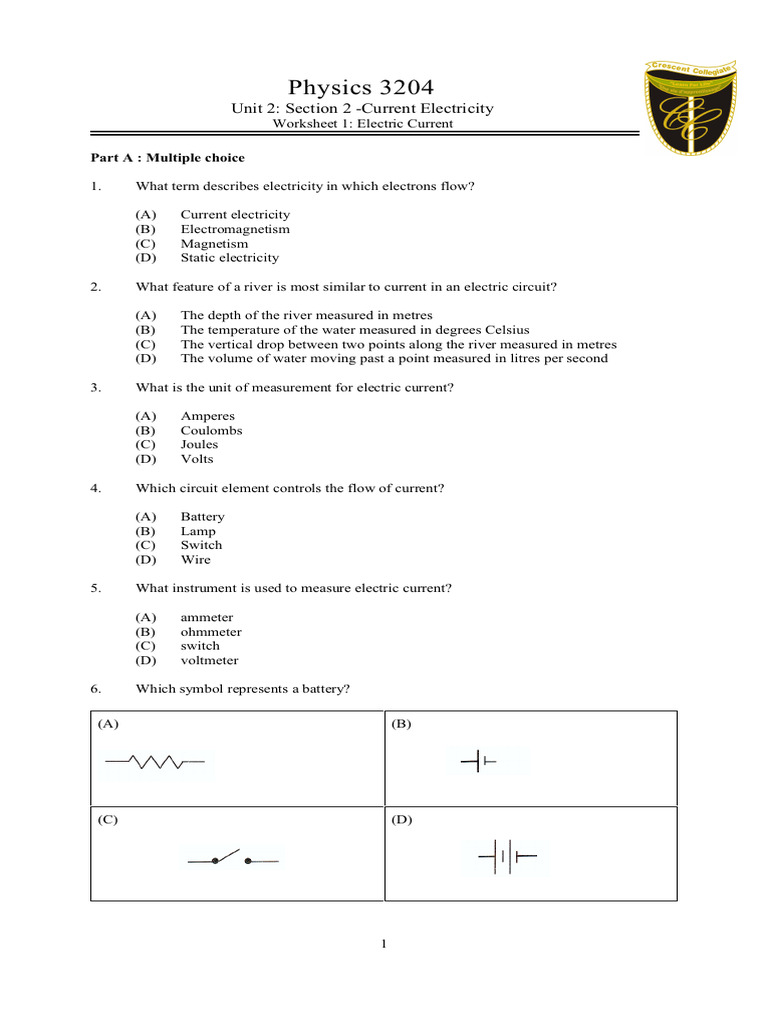 Physics 3204 Unit 2 Current Electricity - Worksheet 1 Electric Current Revised | PDF