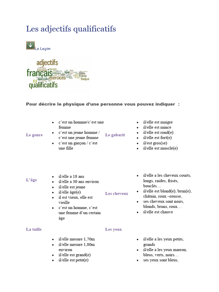 Adjectifs pour décrire le physique | PDF | Rousseur | Système tégumentaire