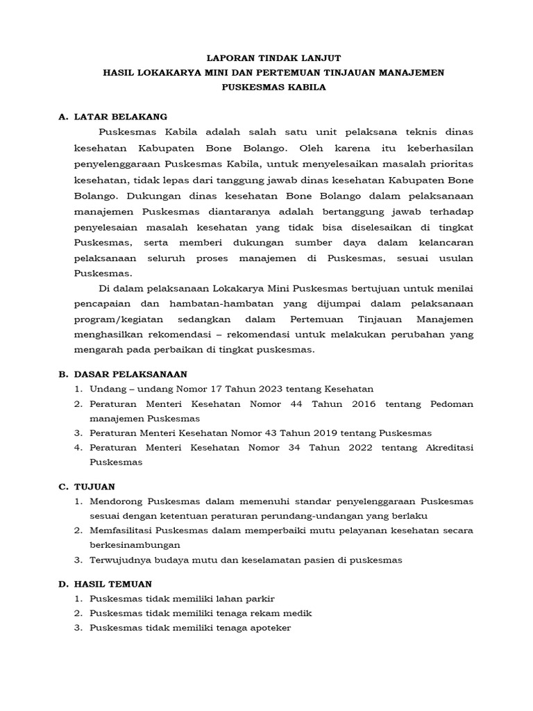 Laporan Tindak Lanjut Minlok Dan RTM PKM Kabila | PDF