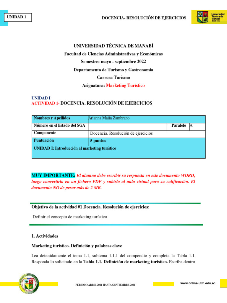 Actividad 1-Unidad 1-Marketing Turístico Arianna Malla | PDF | Marketing | Business