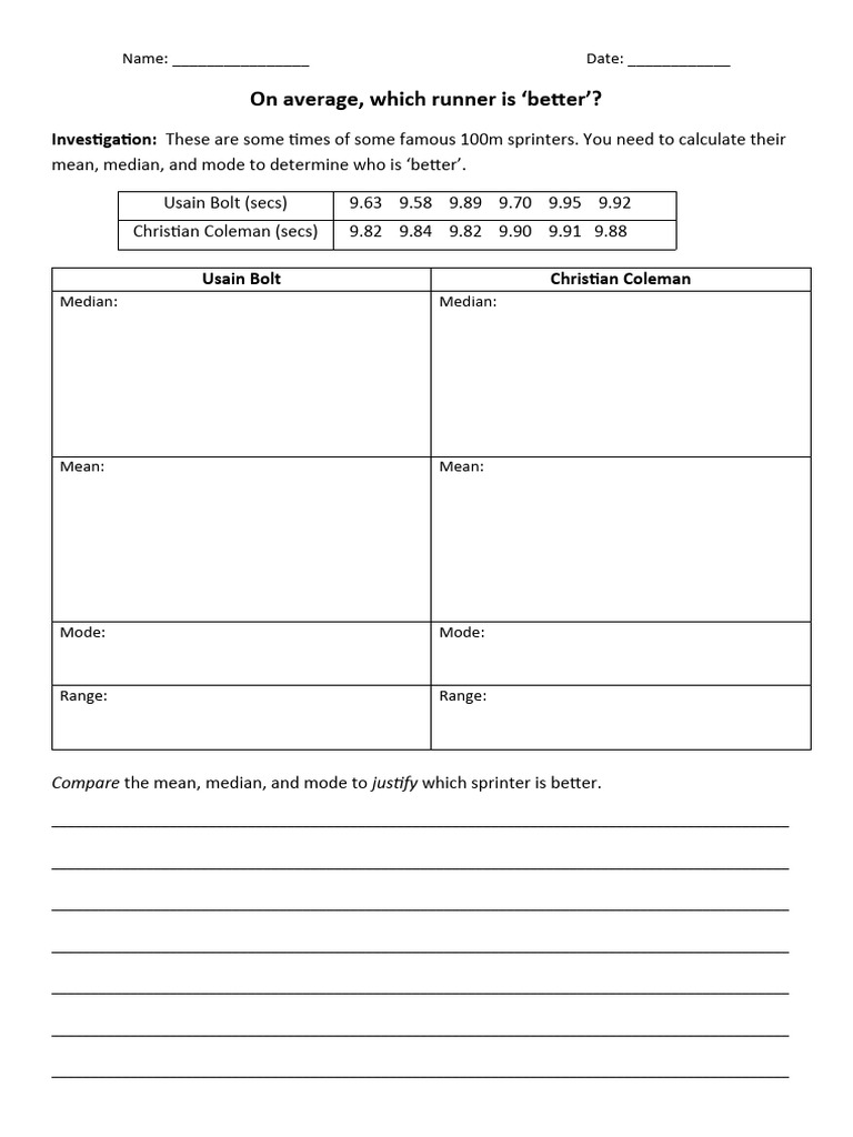 Comparing Data Worksheet - Mean Median Mode Range | PDF | Mean | Median