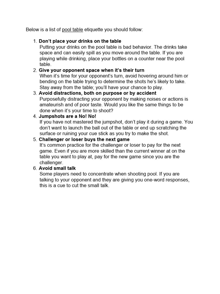 Pool Table Etiquette - 2 | PDF