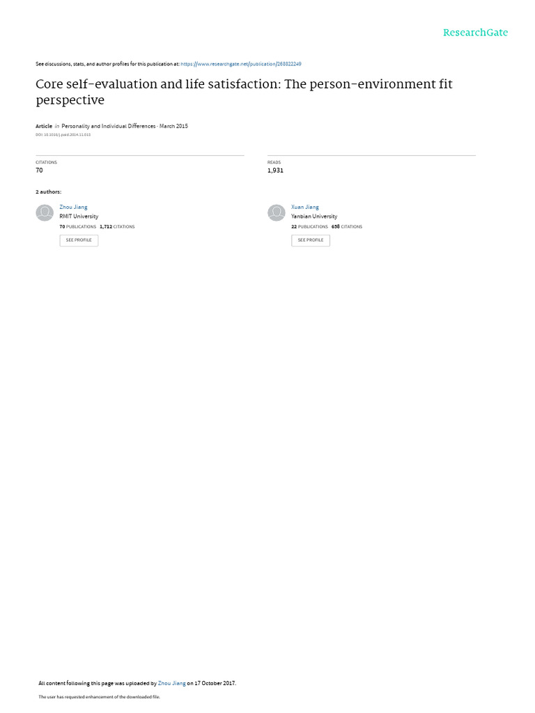 Core Self-Evaluation and Life Satisfaction The Per | PDF | Cognition ...