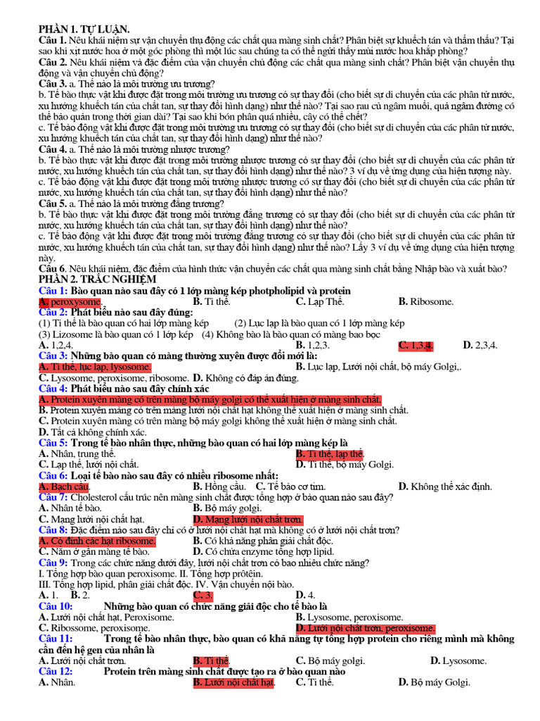 ĐỀ CƯƠNG SINH HỌC LỚP 10 HỌC SINH | PDF