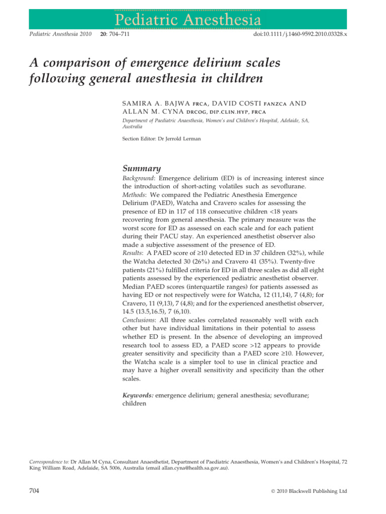 A Comparison of Emergence Delirium Scales Following General Anesthesia ...