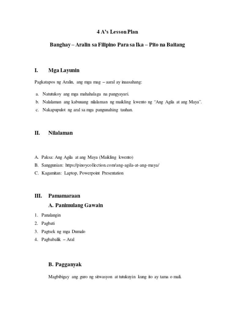 4 A's Lesson Plan Banghay - Aralin Sa Filipino para Sa Ika - Pito Na ...