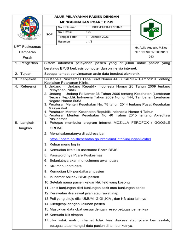 SOP ALUR PELAYANAN PASIEN DENGAN MENGGUNAKAN PCARE BPJS Revisi | PDF
