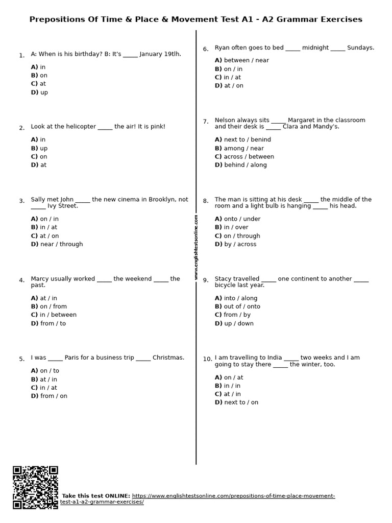 457 Prepositions of Time Place Movement Test A1 A2 Grammar Exercises | PDF