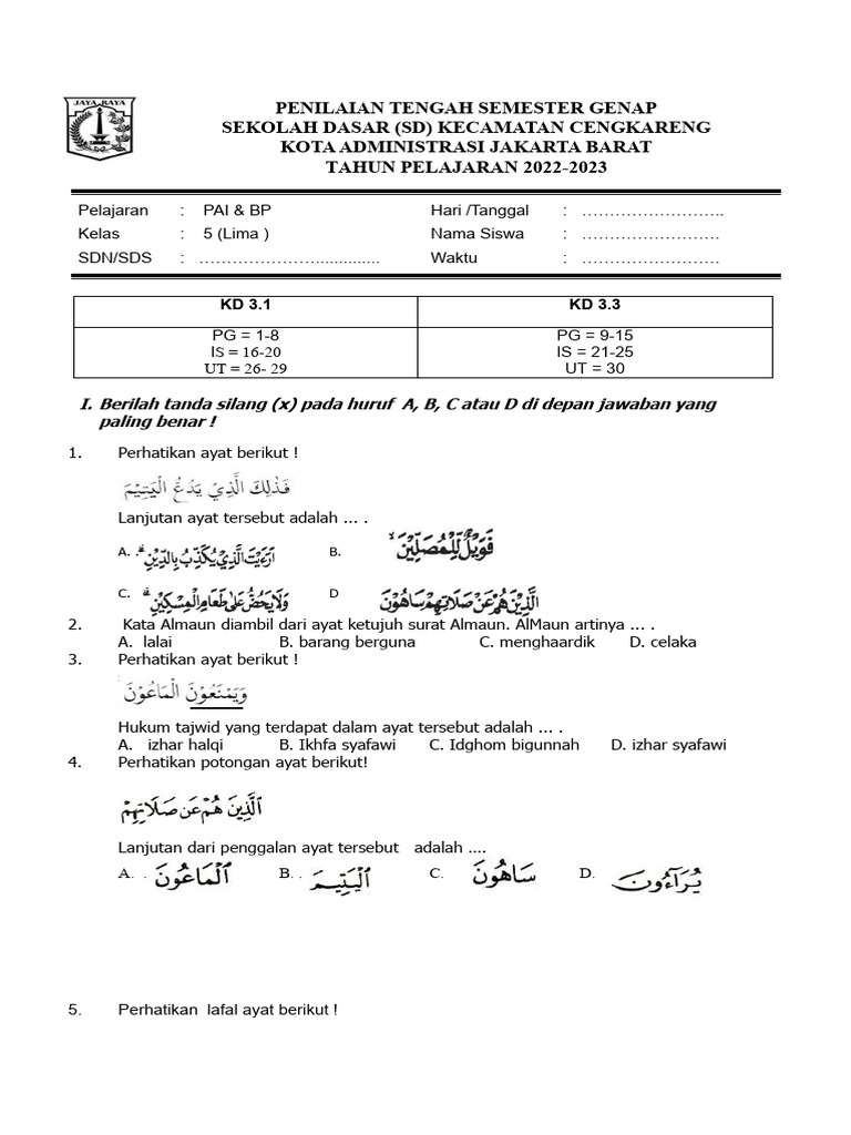 Soal PTS Kelas 5 Genap 2023 | PDF