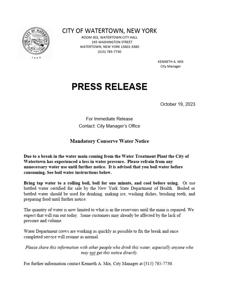 Mandatory Conserve Water Notice For City and Town of Watertown | PDF