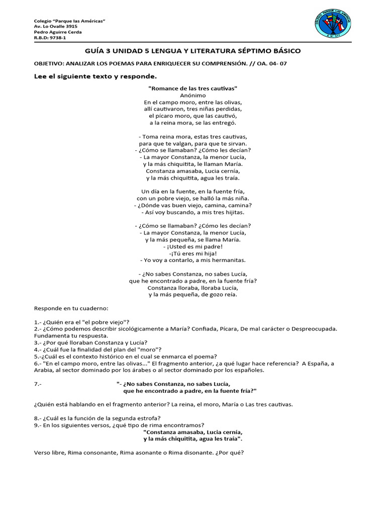 Guía 3 Unidad 5 Lengua y Literatura Séptimo Básico | PDF | Rima
