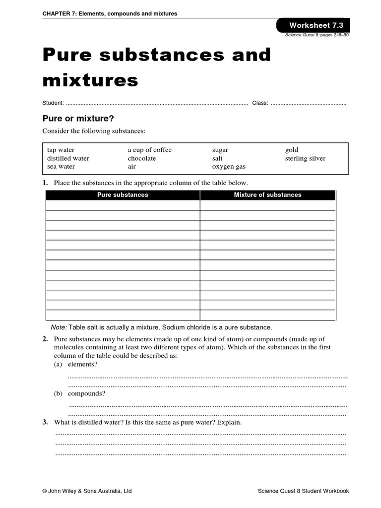 Pure Substances vs. Mixtures Worksheet | PDF | Chemical Compounds ...