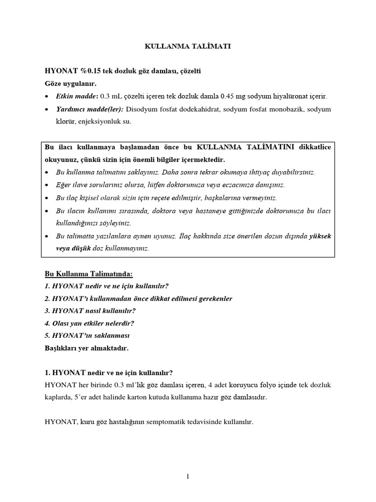 Hyonat 0 15 Tek Kullanimlik Goz Damlasi Cozelti KT | PDF